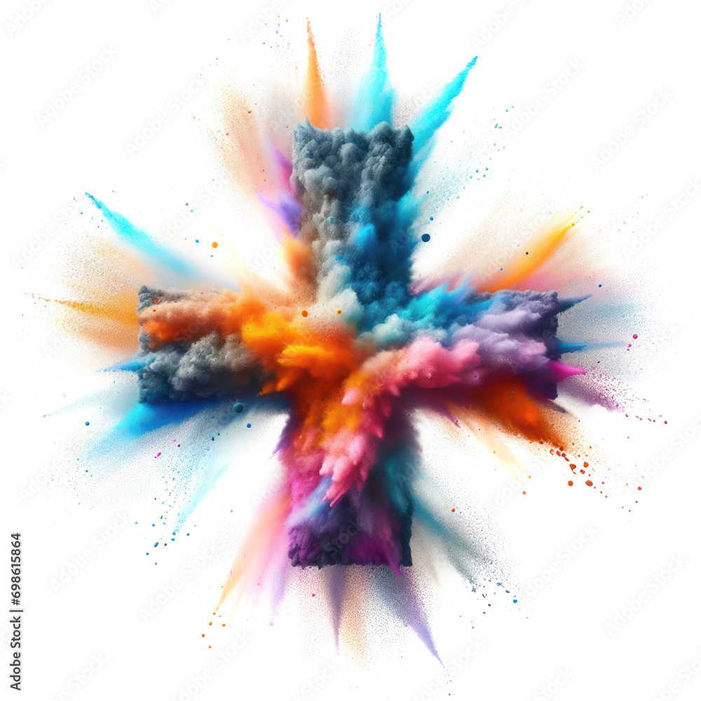 Plus Sign - Colored powder explosion font isolated on white background ...
