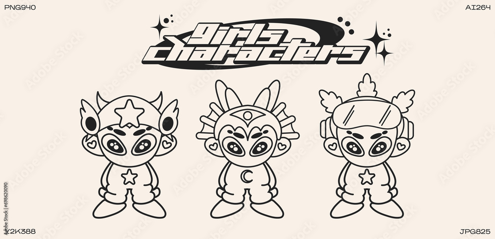Retro cartoon character in Y2K style. Cyber girls with stars for 90s ...