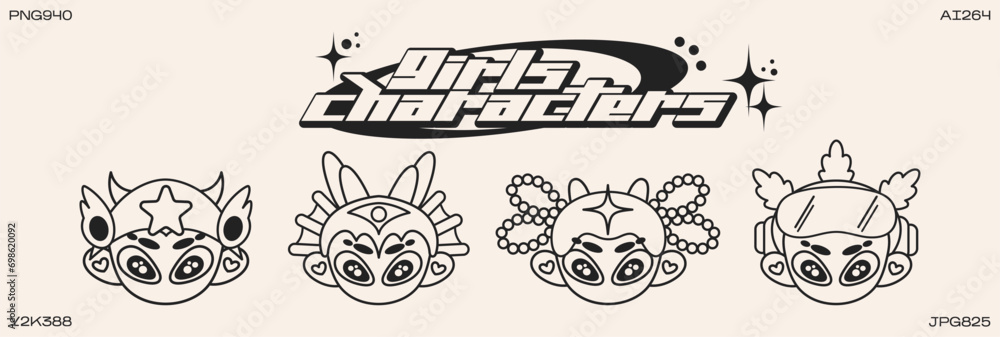 Retro cartoon character in Y2K style. Cyber girls head with stars for ...
