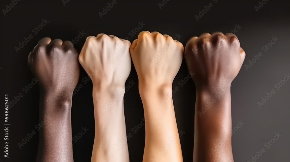 Raised fist of different skin colors, Fight against racism and racial ...