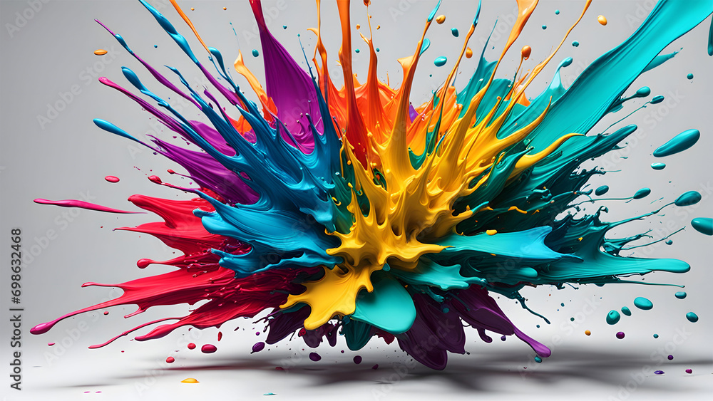 AI generated. Illustration. Explosion of bright acrylic paints. Mixing paints. Splash and blots ...