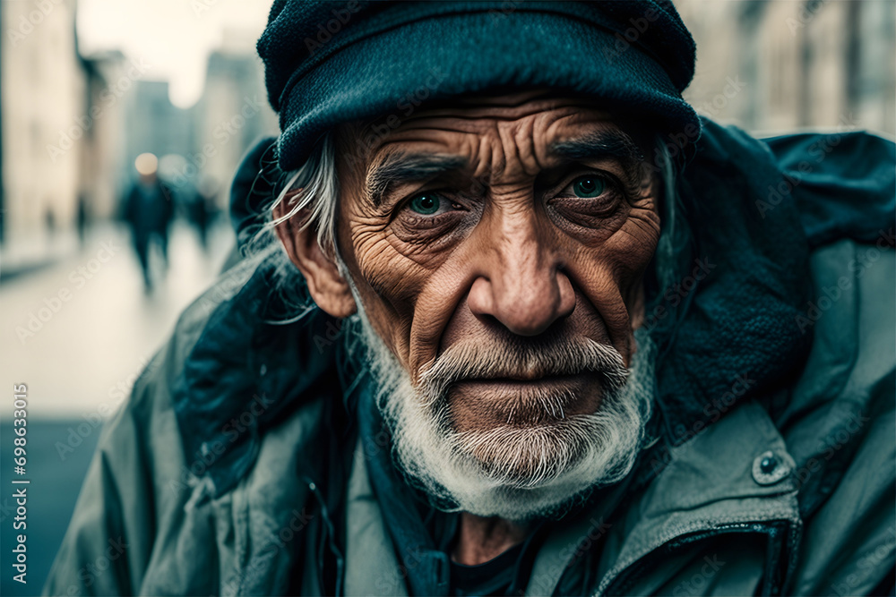 AI generated. Illustration. Portrait of tired old beggar with wrinkled ...