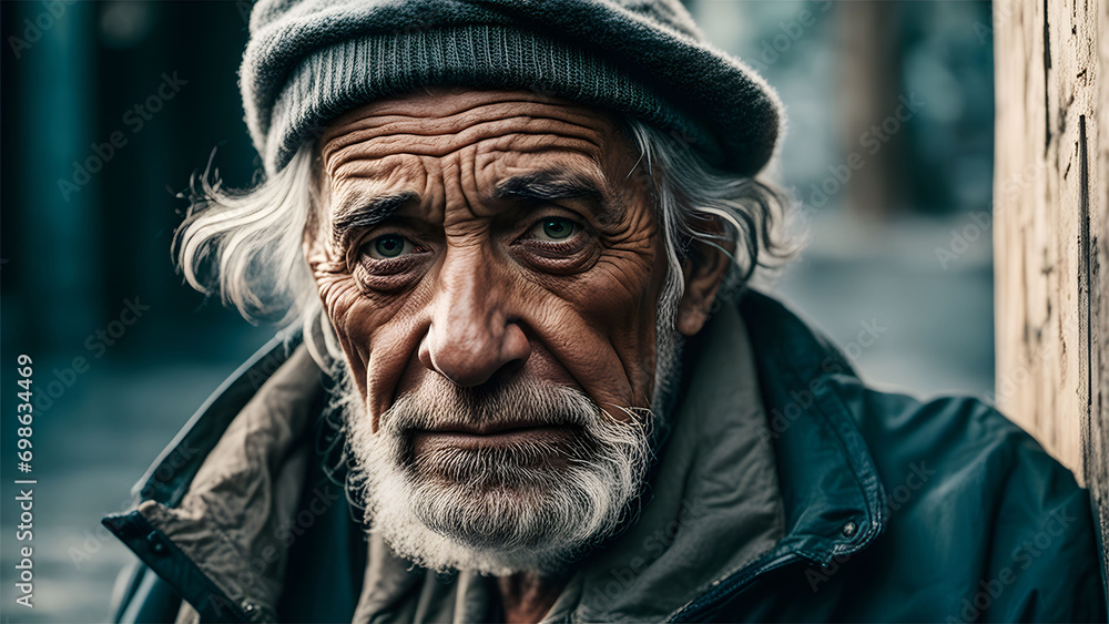 AI generated. Illustration. Portrait of tired old beggar with wrinkled ...