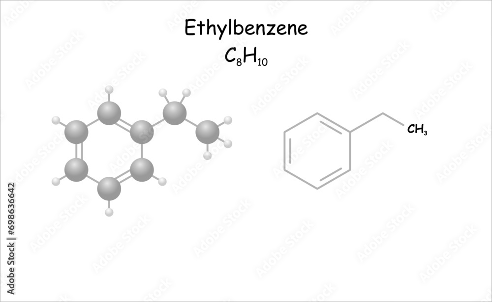 Stylized molecule model/structural formula of the ethylbenzene. Stock ...