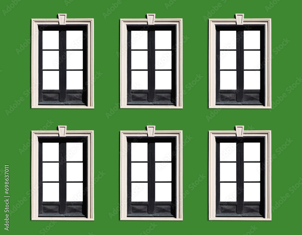 Row of windows. Spanish architecture background. Six windows frame ...