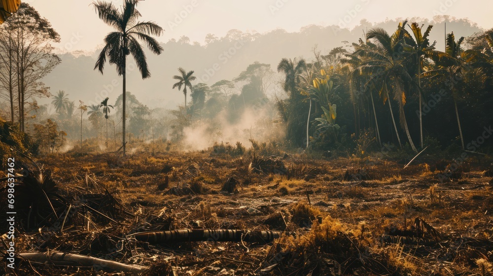 The aftermath of deforestation, with a smoky haze over a landscape ...