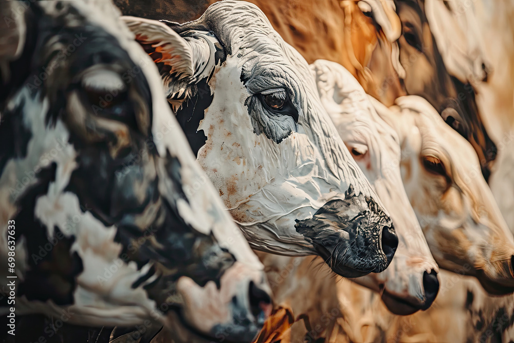 Cattle faces close-up, with a focus on their expressive eyes ...