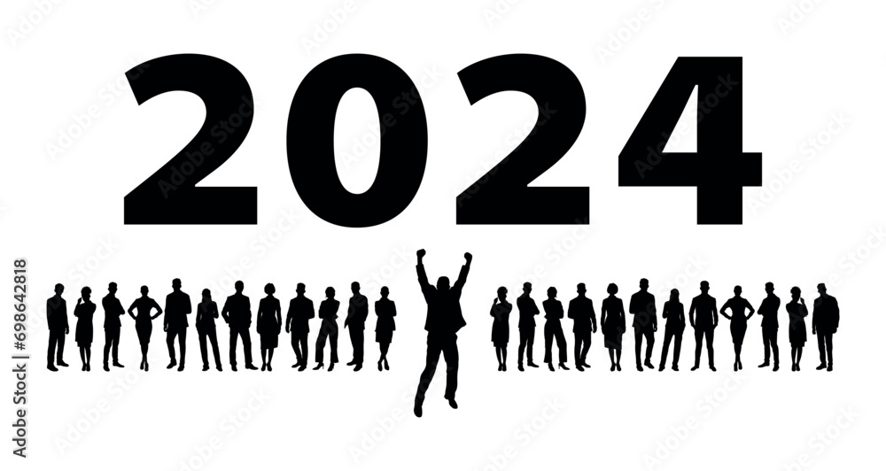 Successful businessman jumping in front of crowd people standing ...