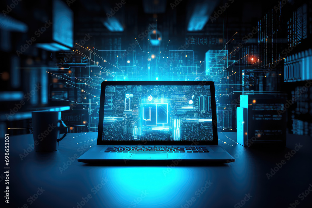 Cybersecurity in a tech environment, this photo showcases a modern ...