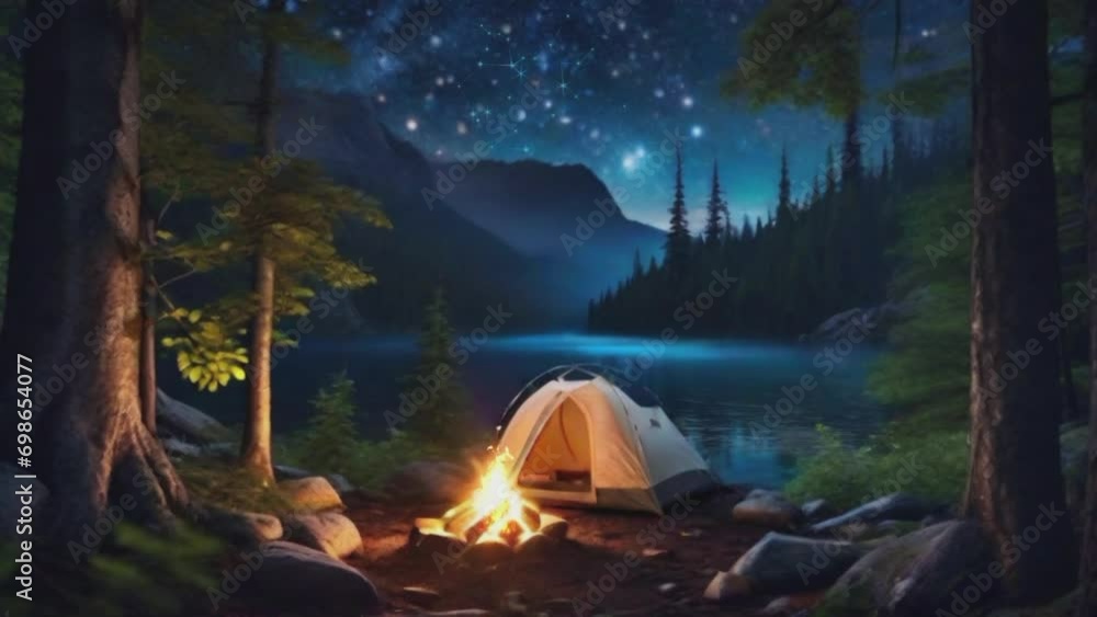 Vidéo Stock night view of camping in the middle of the forest with a ...