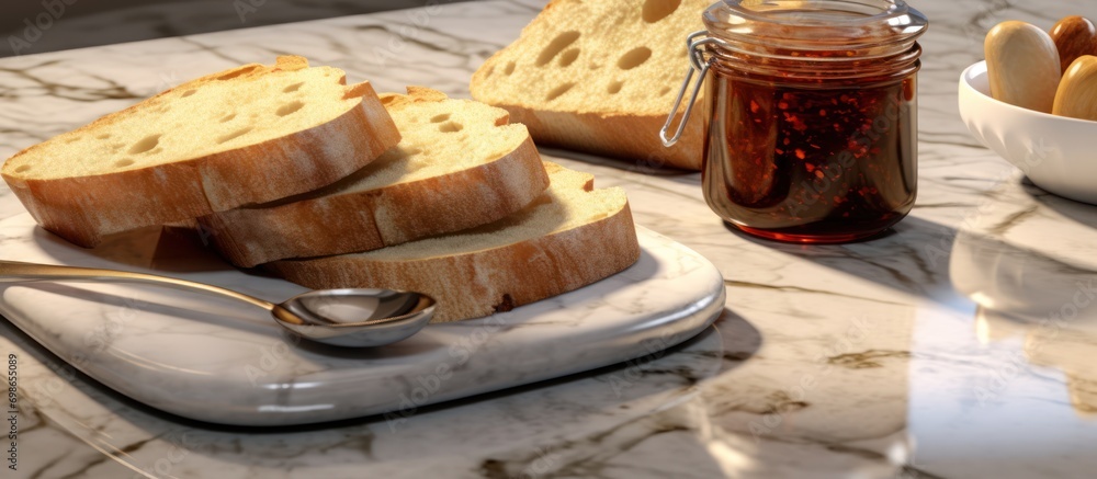 Breakfast Jam and bread on a marble table and next to a modern bakery ...