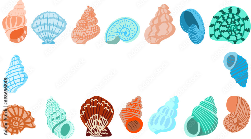 horizontal frame with hand-drawn seashells in a flat cartoon style ...