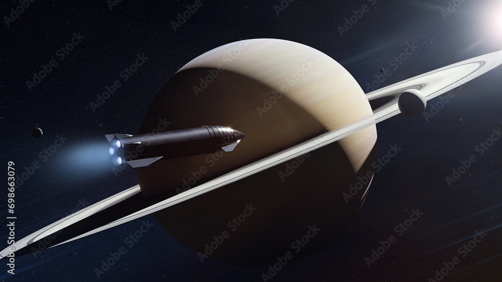 Super heavy Starship on mission in outer space on Saturn planet ...