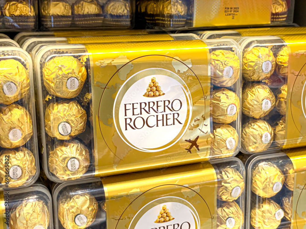 Roma, Italy, 20 December 2023: Ferrero Rocher on a shelf in a store in ...