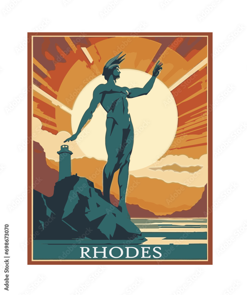 Poster Art deco style interpretation of the Colossus of Rhodes, ancient ...