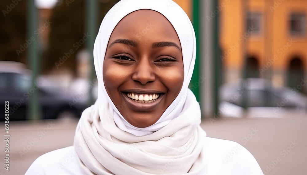 Portrait of beautiful african muslim woman in hijab smiling at camera ...
