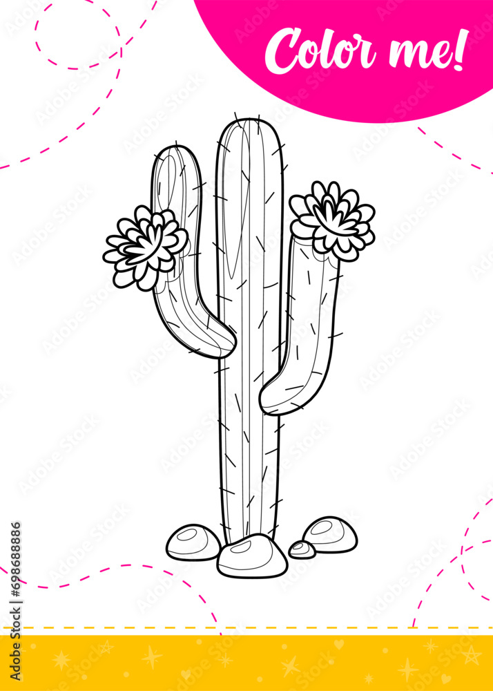 Coloring page for kids with cartoon blooiming cactus. A printable ...