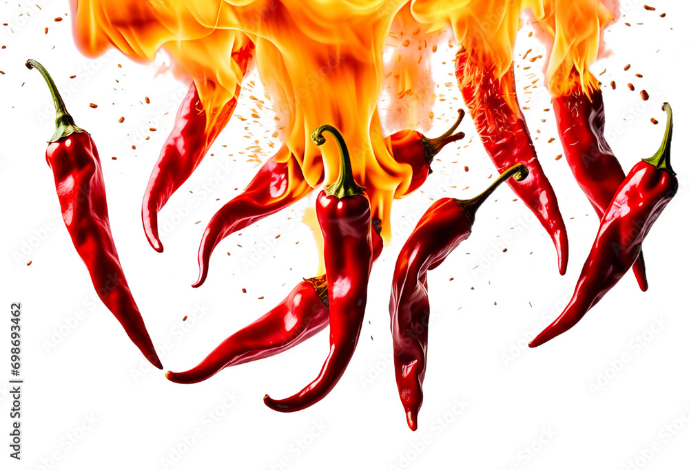 explosion of red hot chilli peppers on fire. Isolated background. BBQ ...