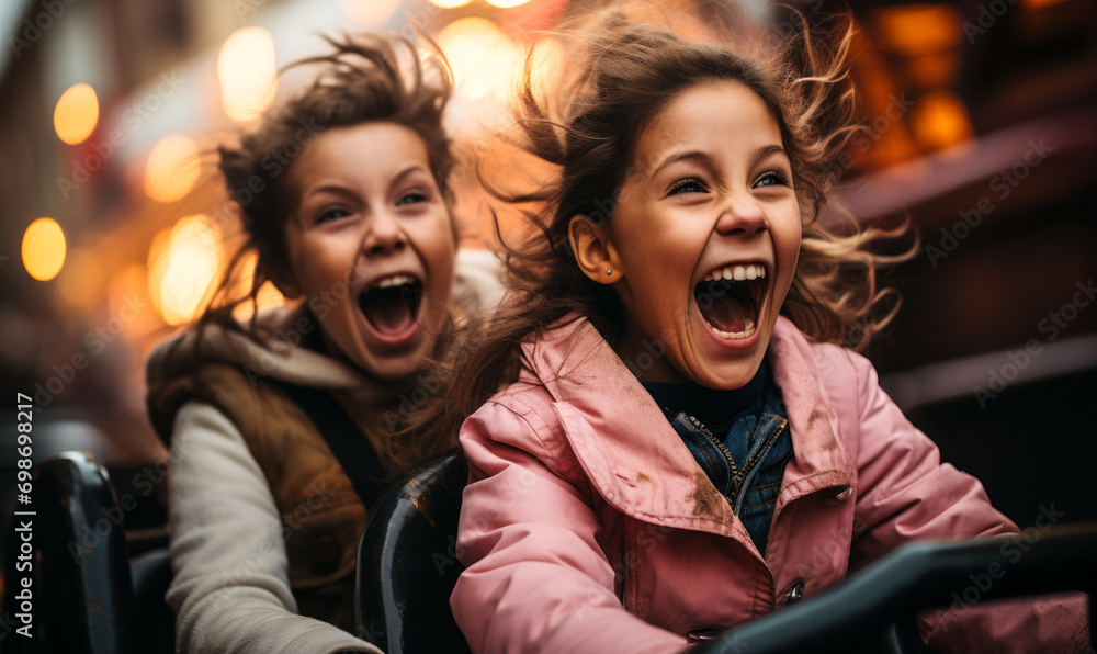 Exhilarating moment as two young girls scream with joy on a thrilling ...