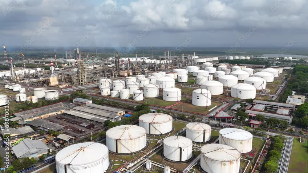 Biggest Fuel terminal in Indonesia, View of tank with oil refinery and ...