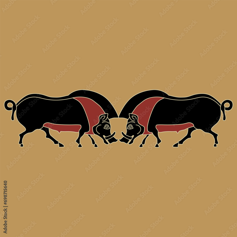Symmetrical animal design or horizontal border with two wild pigs or ...