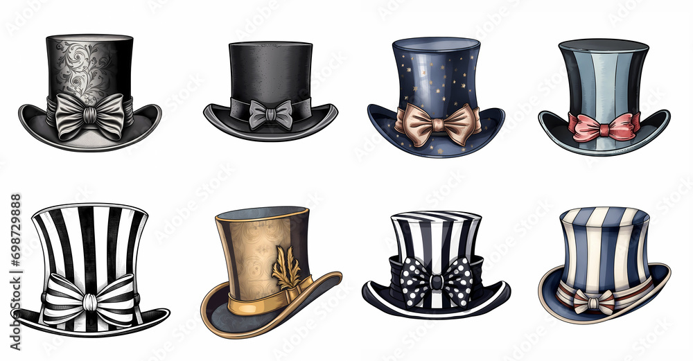 Realistic top hat clipart set. vintage black gentleman headdress ...
