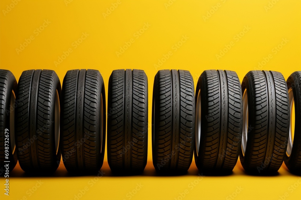 Tire row elegance Yellow background adorned with a neat row of tires ...