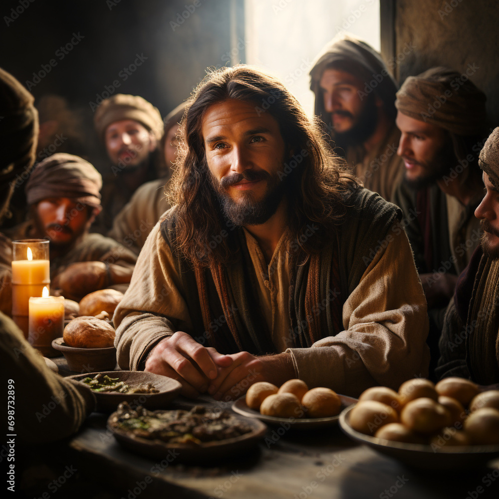 Christian religious illustration. Jesus Christ with the apostles ...
