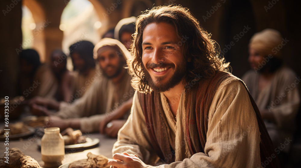 Christian religious illustration. Jesus Christ with the apostles ...
