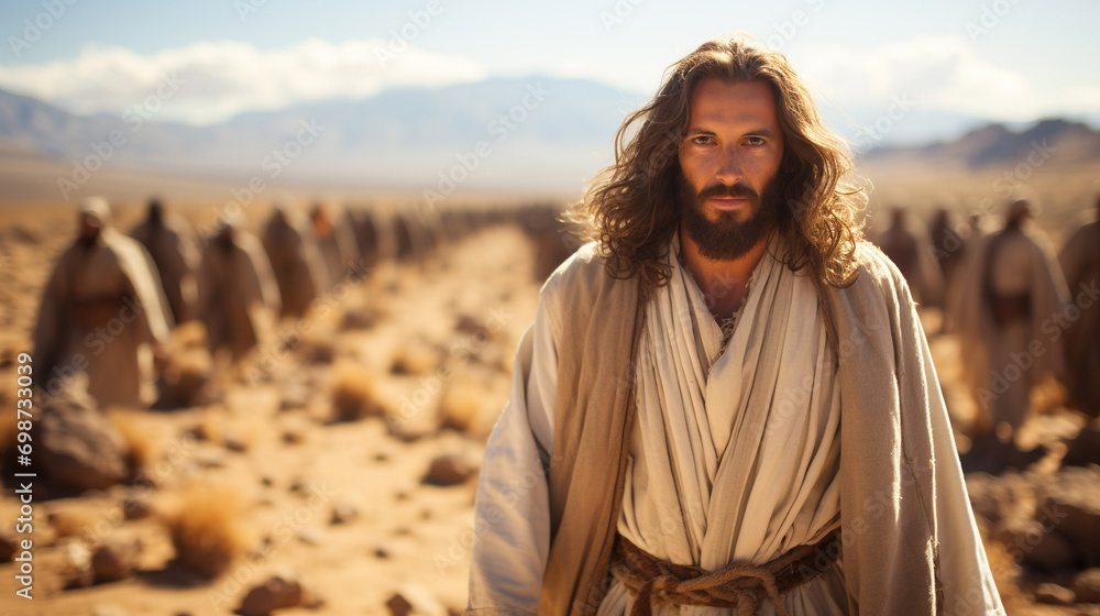 Jesus Christ with his disciples in the desert. Christian religious ...