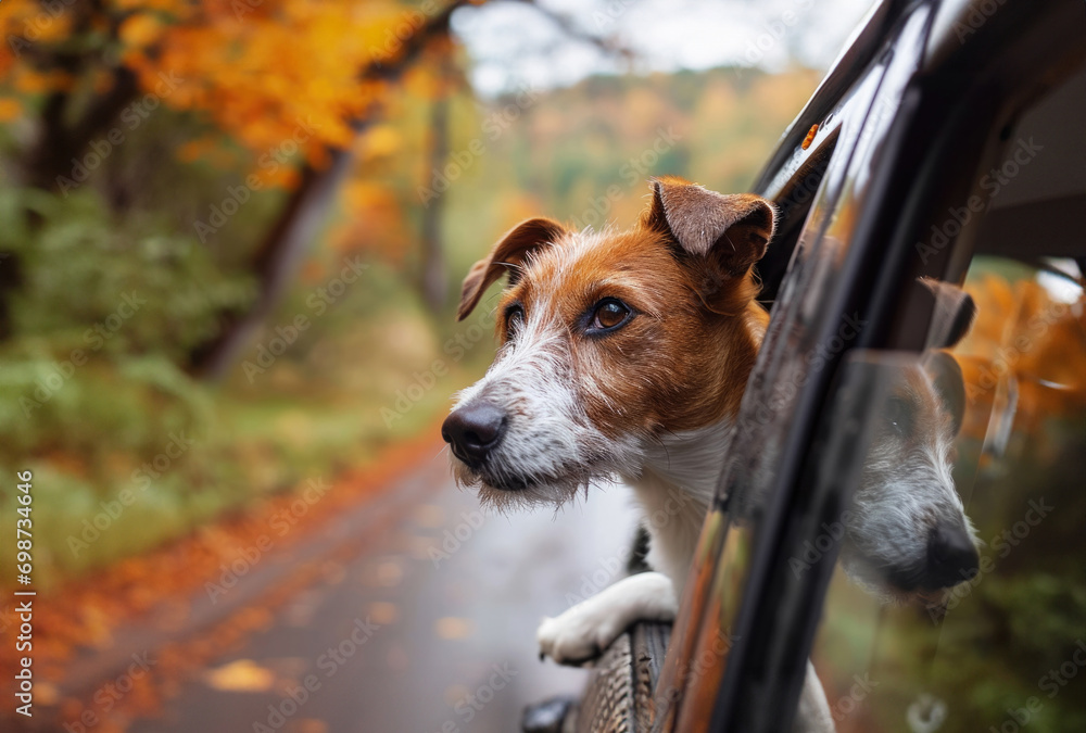 jack russell terrier looks out the car window while driving. Stock ...