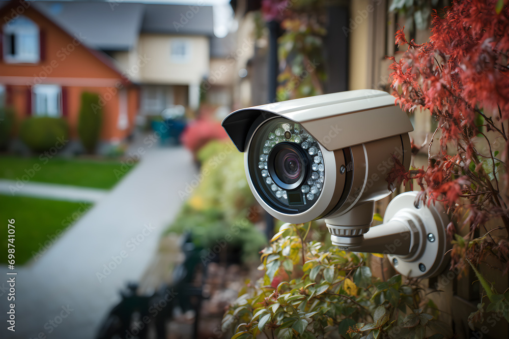 Home security. Video surveillance camera installed on the wall of a ...