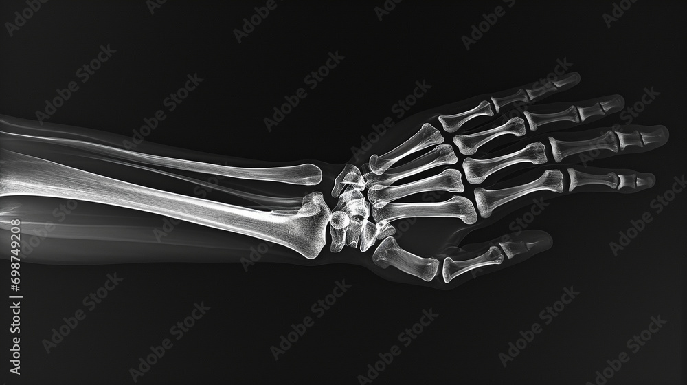 Human adult hand bones x-ray image. Medical and anatomy radiography or ...
