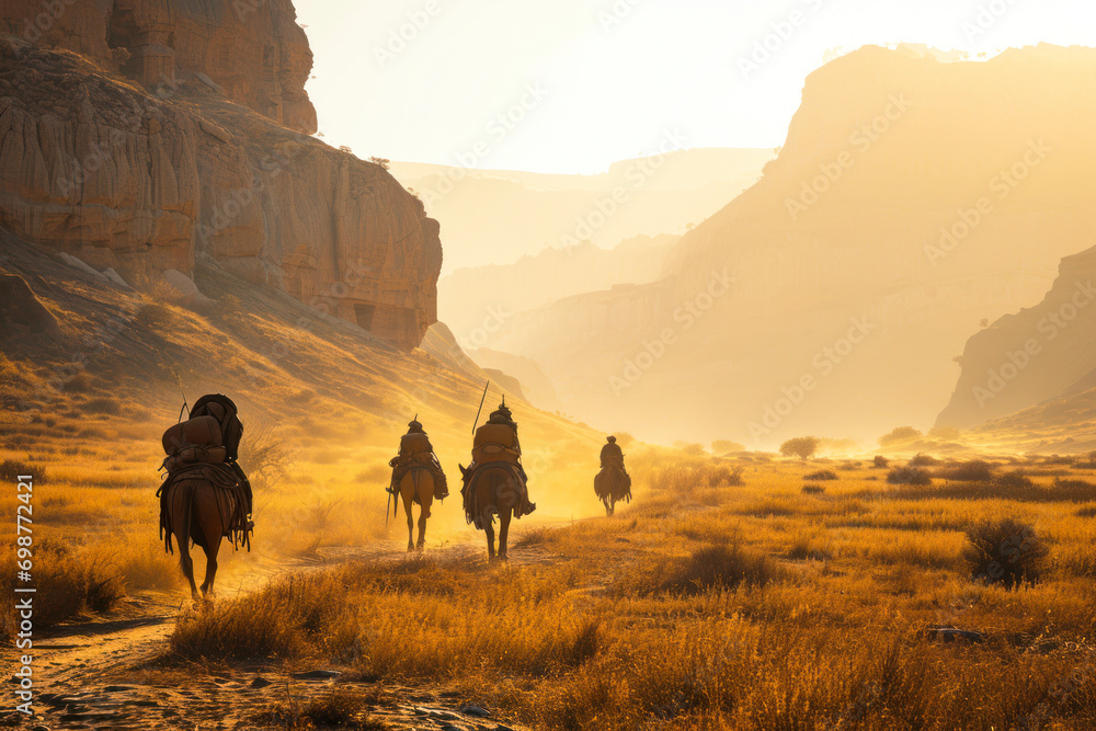 Nomadic tribe on the move, a nomadic primitive society with members ...