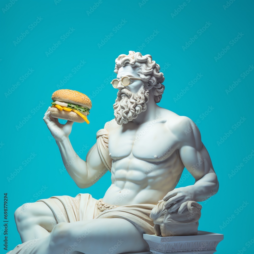 White Greek statue of Poseidon eat a large burger on a pastel blue ...