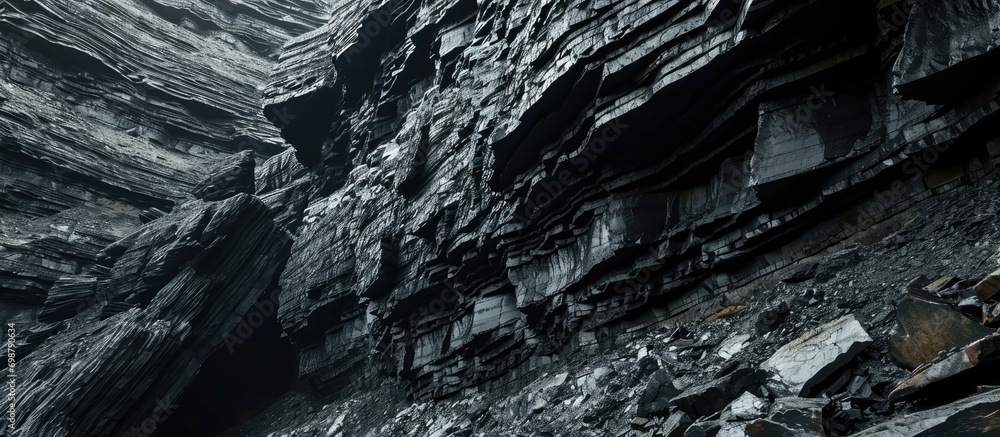 Geological formation: coal and rock layers. Open anthracite mine with ...