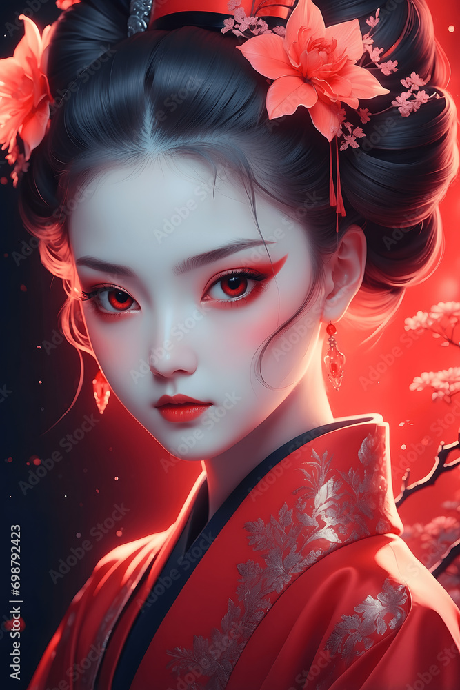 Futuristic Scarlet Silk: Asian Femme Fatale's Modern Hanfu Affair Stock ...