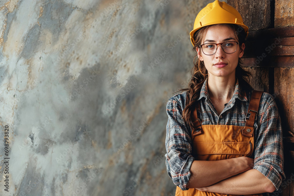Confident female construction worker with her arms crossed with a gray ...