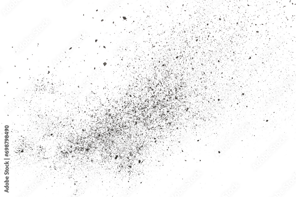 Black chalk pieces and dust flying, effect explode isolated on white ...