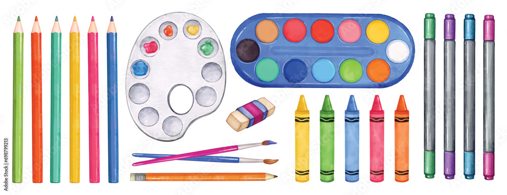 Collection of drawing and coloring tools set. kids and art students ...