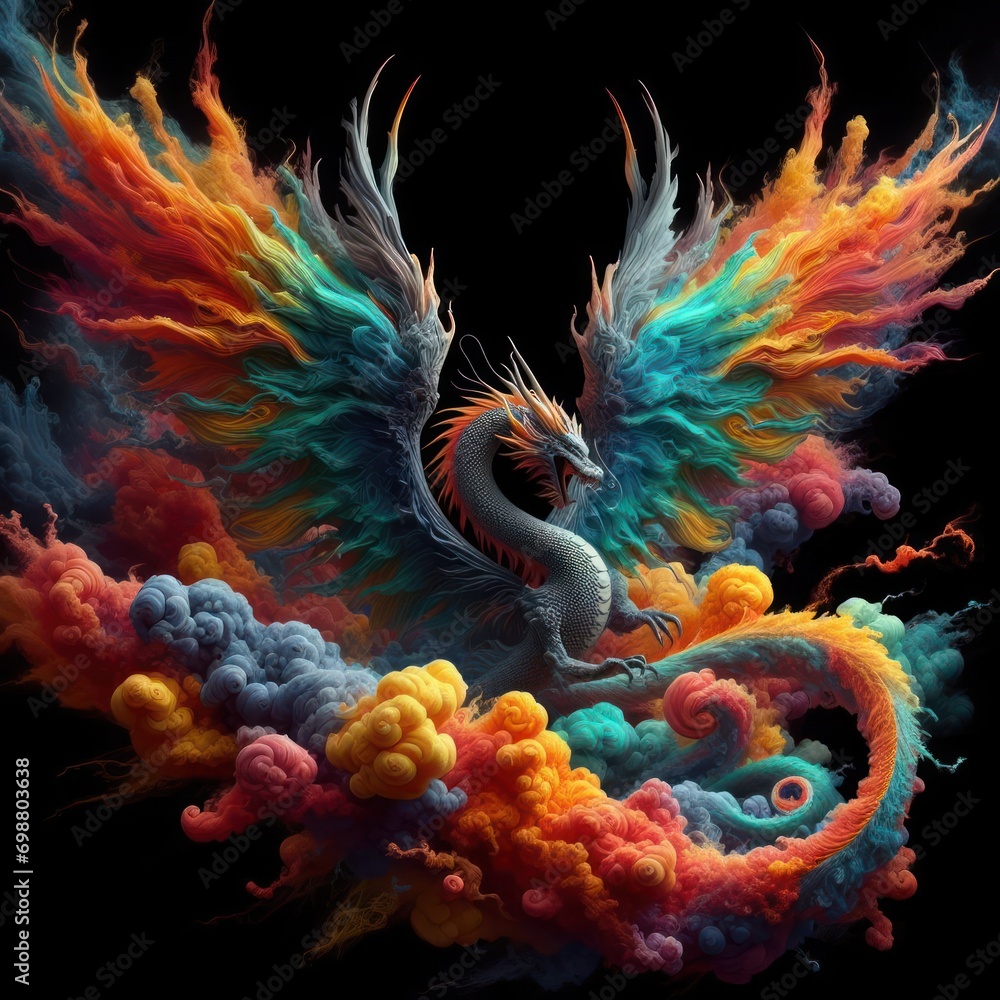 graphic image of a Chinese dragon in smoke rings of different colors ...