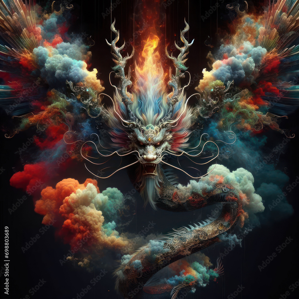 graphic image of a Chinese dragon in smoke rings of different colors ...