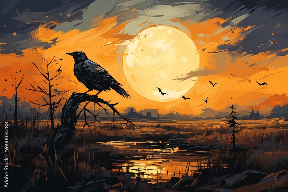 bird sitting branch front full moon halloween located swamp sunrise ...