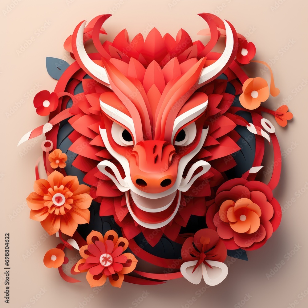 Paper dragon with flowers isolated on white background. Paper craft ...