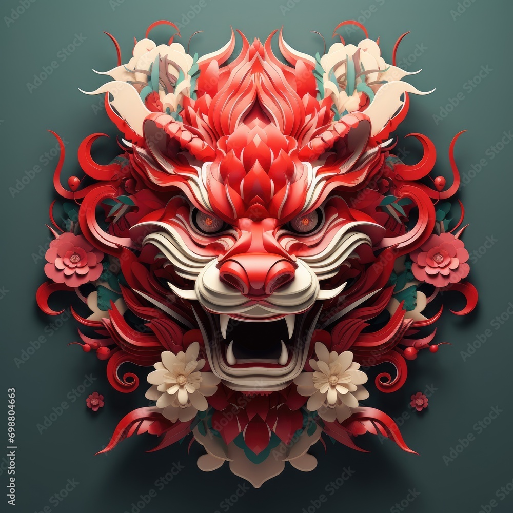 Paper dragon with flowers isolated on dark gray background. Paper craft ...