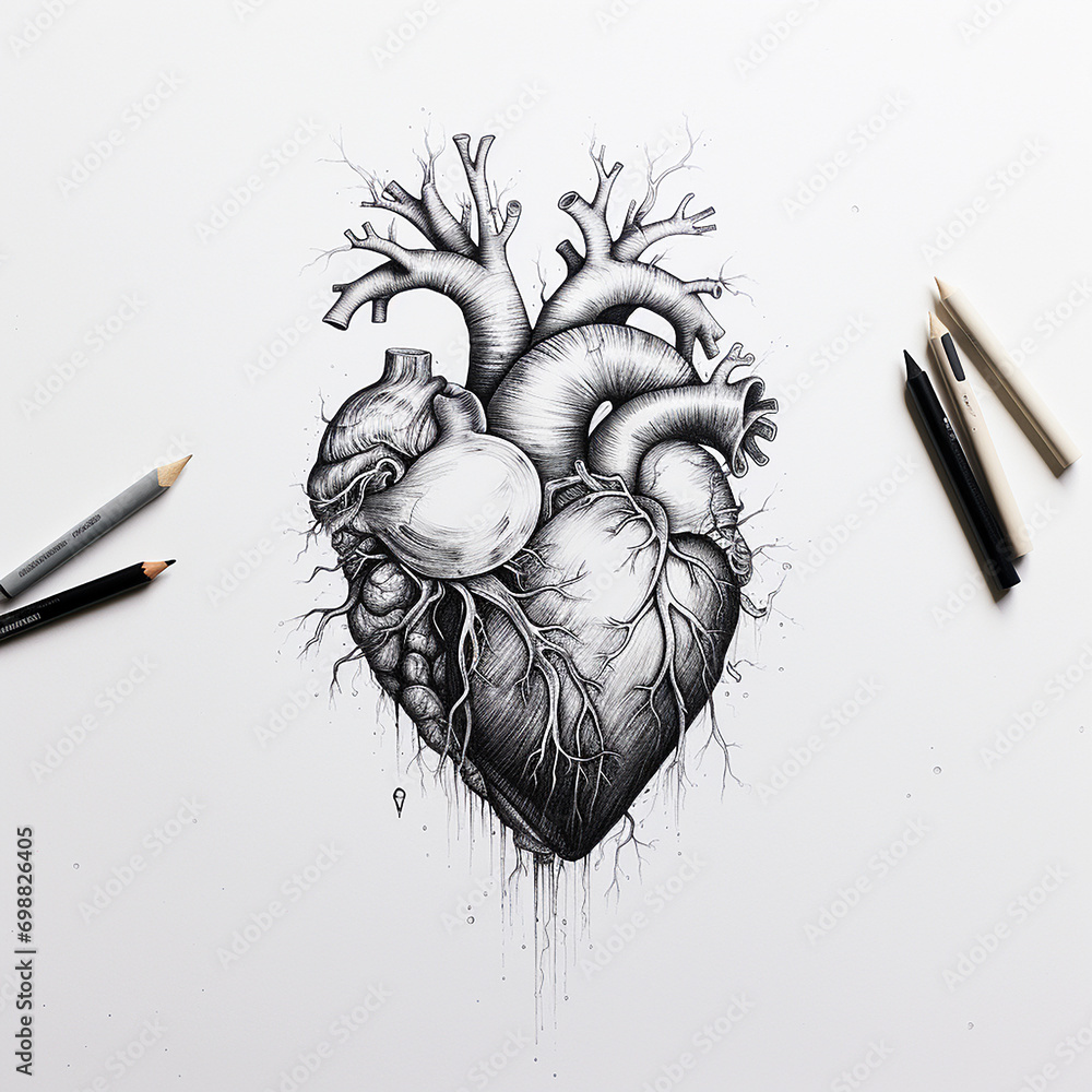 Esquisse d'un cur dessin au crayon noir sur Generative AI heart art ...