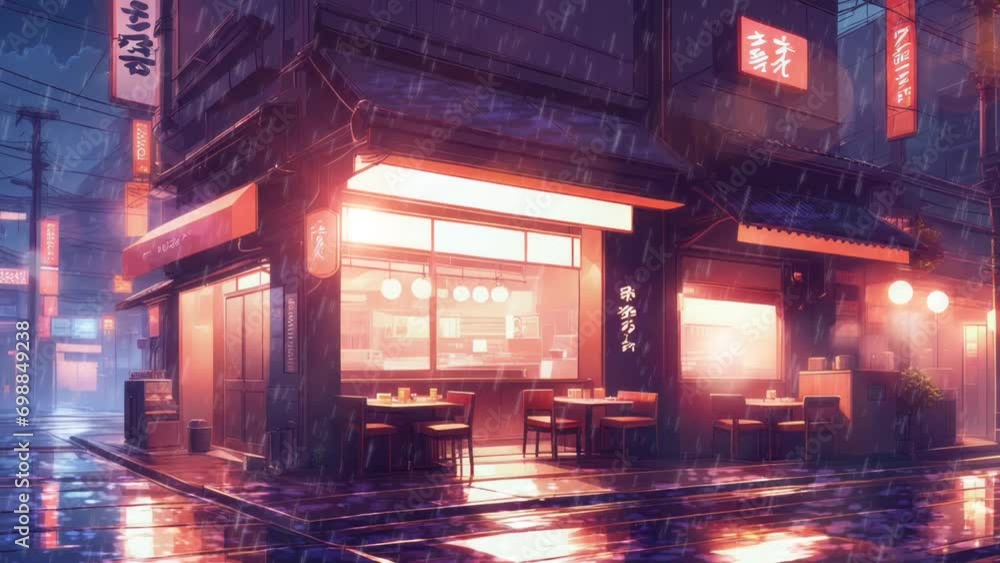 Lofi anime rainy restaurant. Night ramen restaurant animation. Loop ...