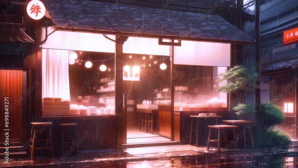Lofi anime rainy restaurant. Night ramen restaurant animation. Loop ...