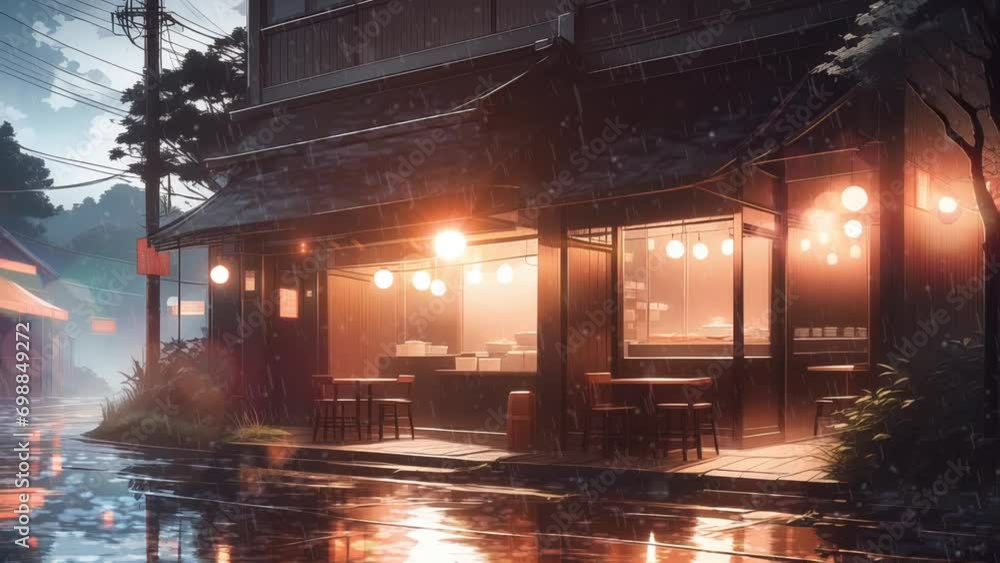Lofi anime rainy restaurant. Night ramen restaurant animation. Loop ...