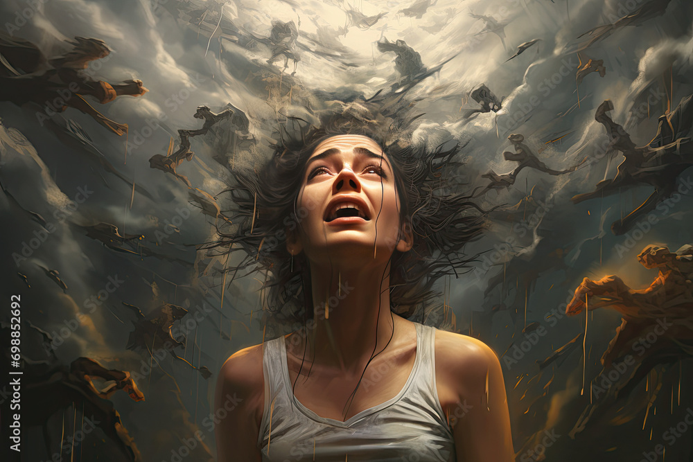 Journey of mental health resilience, woman drowning, cracking, looking ...